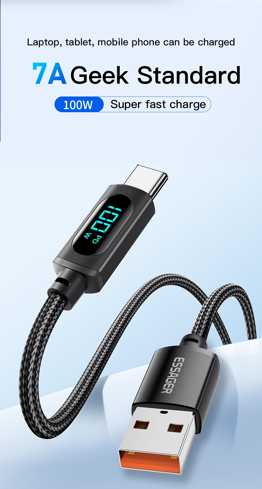 Essager 7A 100W USB to Type C Cable Digital Display QC PD Fast Charger ...