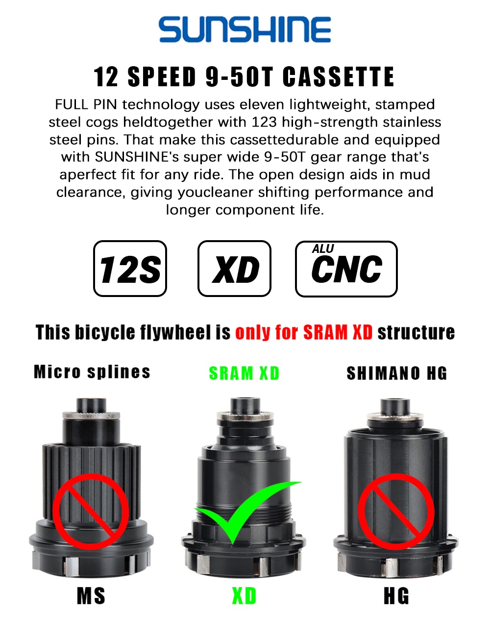 SUNSHINE XD cassette cogs 12 Speed 9-50T MTB Bicycle Sprocket Mountain ...