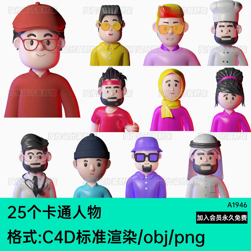 C4D cartoon male and female character 3D model doctor chef artist ...