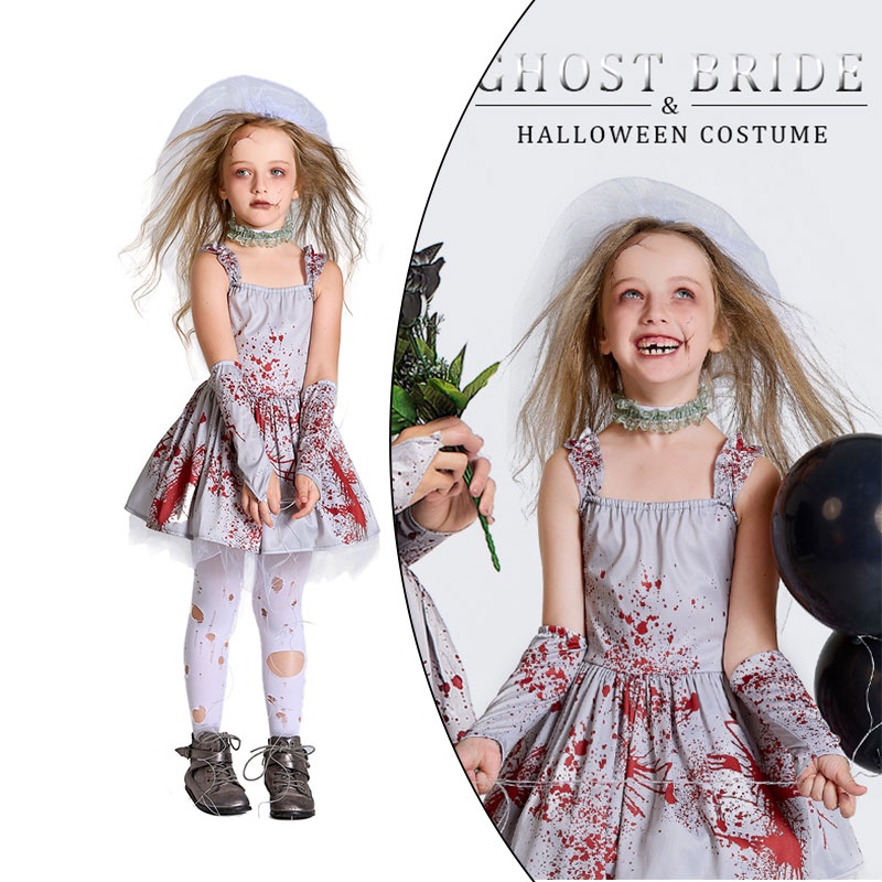 Girls Horror Bloodstained Ghost Bride Cosplay Dress Bloody Zombie ...