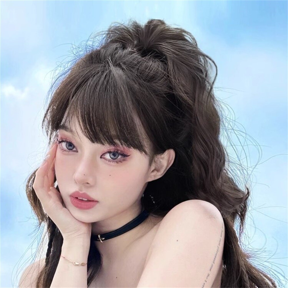 YAN Y2K Girls Fluffy Wavy High Ponytail Clip-on Wig Curly Half Tied One ...