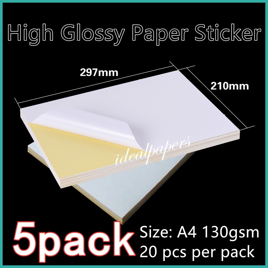 5 pack high glossy sticker paper a4 for inkjet laser printer 20pcs per ...
