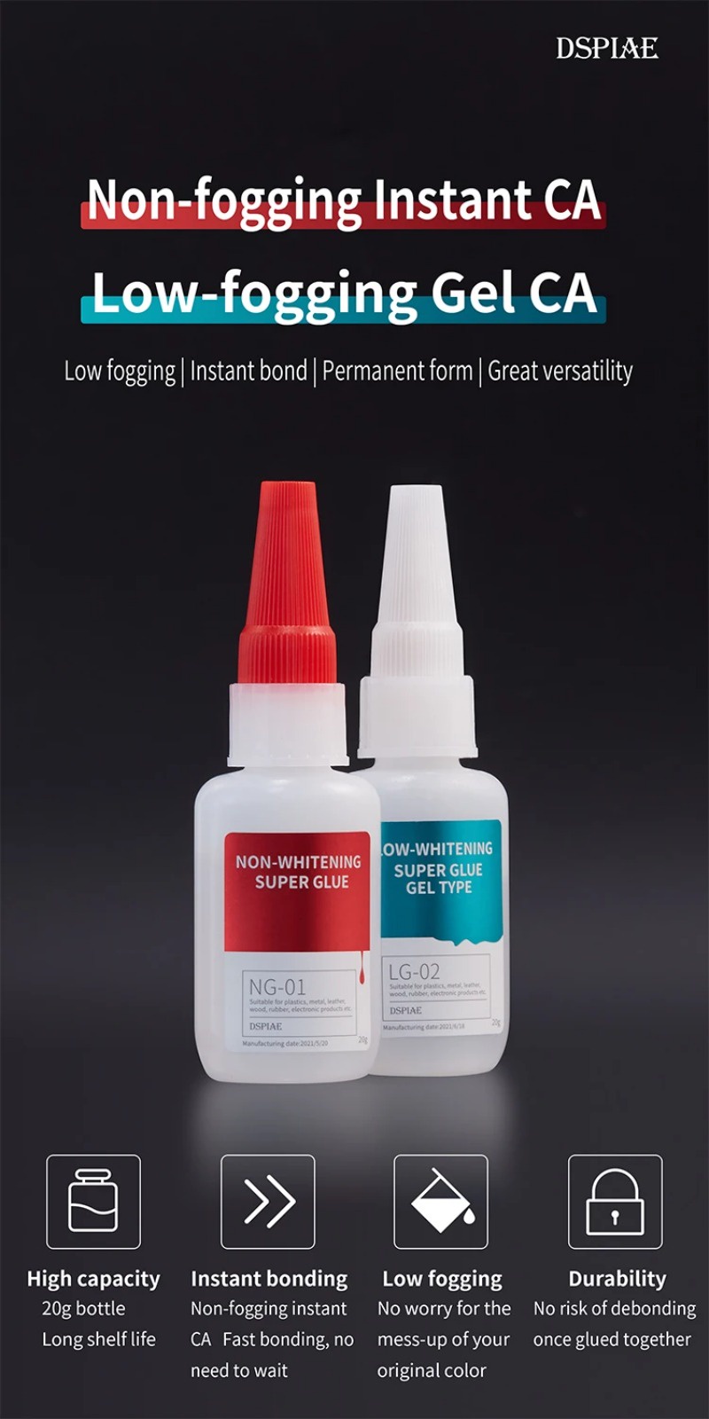 DSPIAE NG-01 Non-Fogging Instant CA Non-Whitening Glue LG-02 Low-Fogging Gel CA Photo-Etched ...