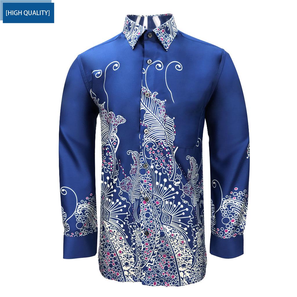 (Regular) Blue Color Malaysia Men Batik Long Sleeve Kemeja Batik Lelaki ...