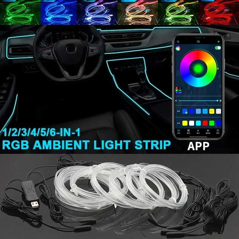 Car RGB Ambient LED Light Strip USB Fiber Optic Atmosphere Neon ...