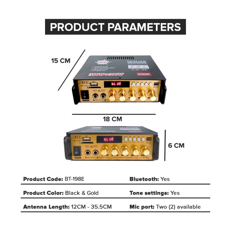 300W+300W Digital Hifi Bluetooth Stereo Audio Amplifier Fm Radio Usb BT-198E Mini Amplifier 12 ...