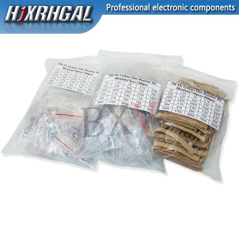 150PCS/set resistor kit 1W 2W 3W 5W 5% 30 value carbon film resistor 0. ...