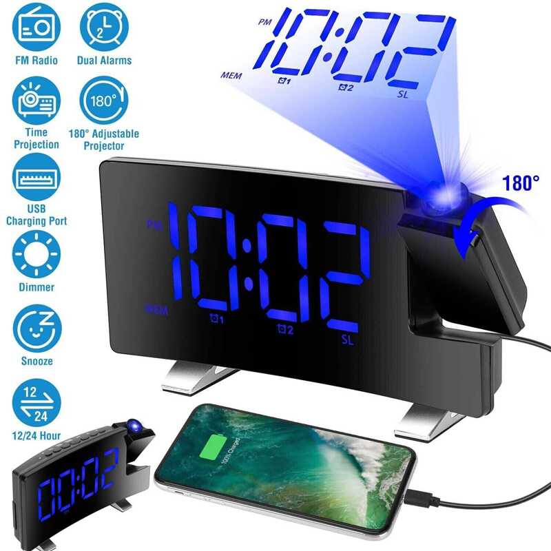 LED Digital Projection Alarm Clocks USB Charging Projector Digital ...