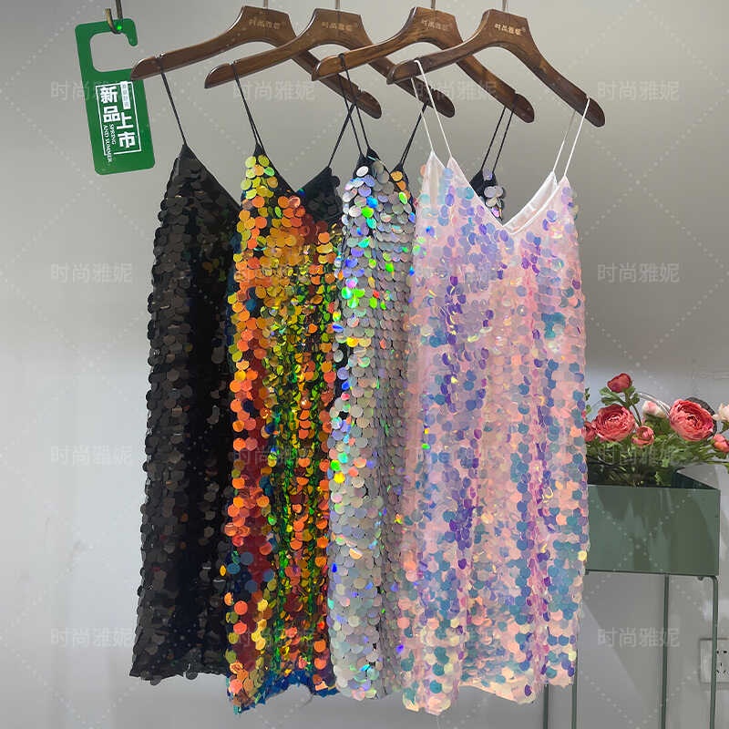Fashionable Yani V-Neck Camisole Dress With Sparkling Sequins, Slim Fit ...