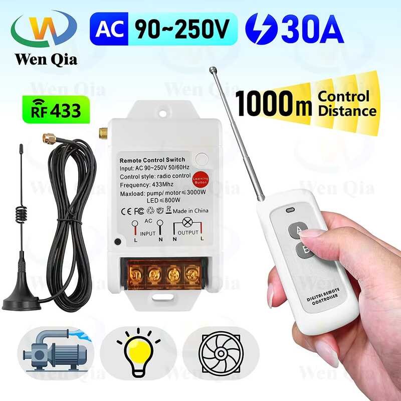 433Mhz Wireless Pump Remote Control Switch 110V 220V 30A RF Relay ...