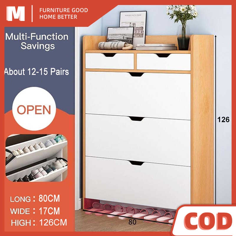 3 Tier Shoe Cabinet Wood Flip Shoe Rack Organizer Large Storage with Drawers 50cm/80cm | Shopee ...