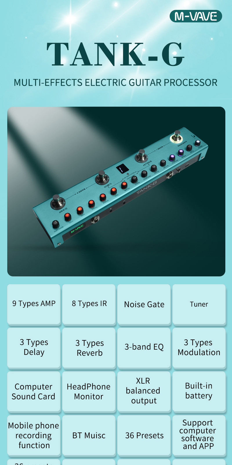 M-VAVE Tank-G V2 Guitar Multi-Effects Pedal Rechargeable 36 Presets 9 ...