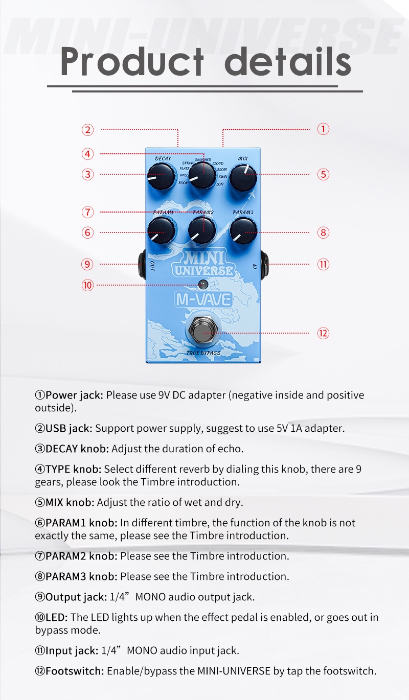 M-VAVE mini universe V2 version Electric Guitar Reverb Effects Pedal ...