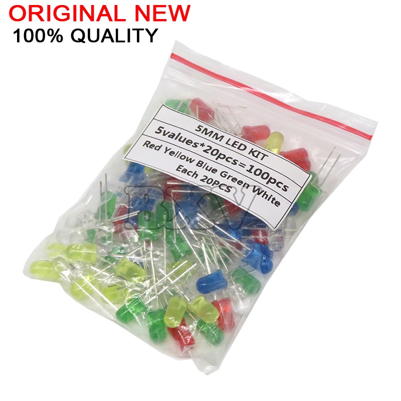 100PCS 5mm F5 Led Diode 5 Mm Light Assorted Kit Green Blue White Yellow ...