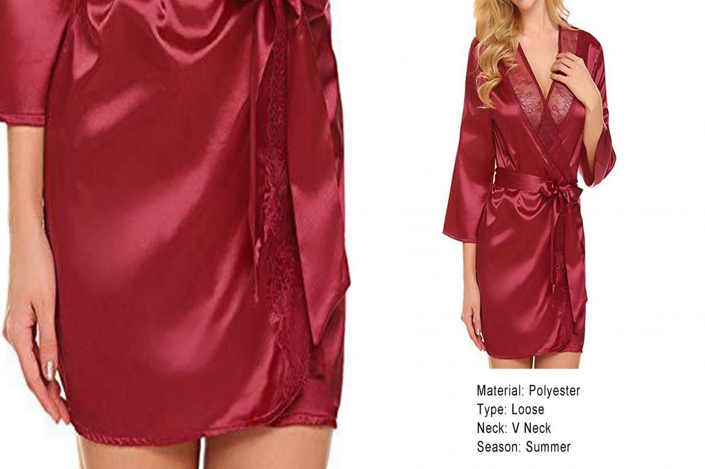 SAND Women Nightdress Solid Color Satin Cardigan Lace Up Tight Waist ...