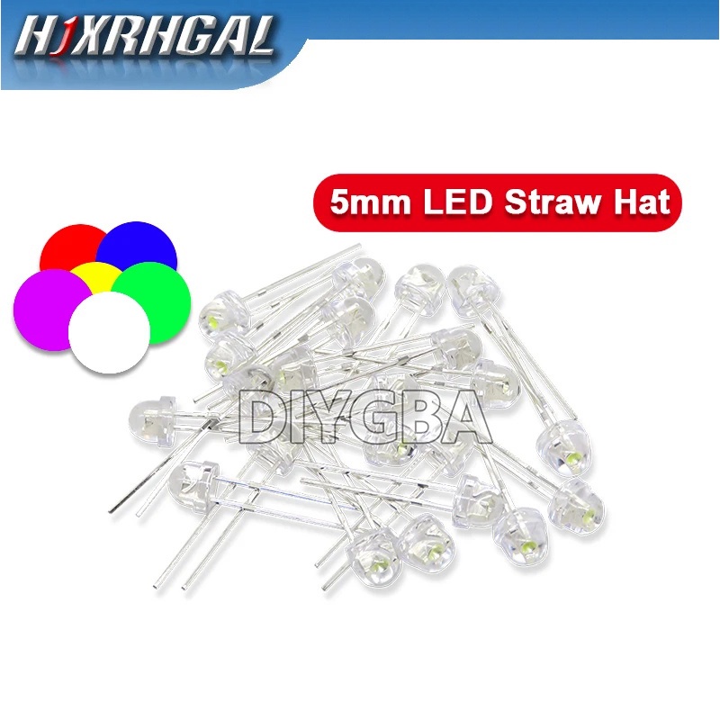 100PCS 5mm LED diode straw hat white red green blue yellow purple ...
