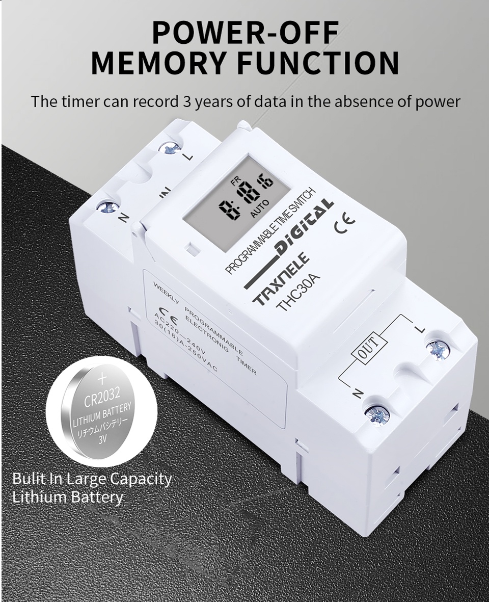 TAXNELE thc30a Din Rail Weekly 7 Days Programmable Digital TIME SWITCH Timer Control AC 220V 30A ...