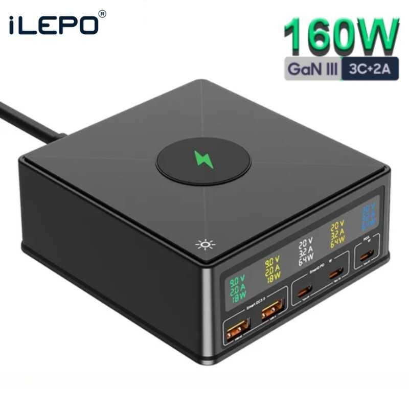 160W USB C GaN Charger 5-Ports PD3.0 Fast Charging Station Desktop ...