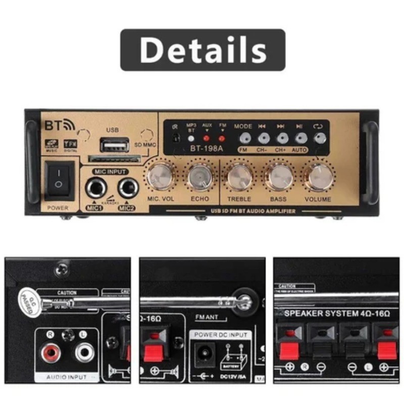 300W+300W Digital Hifi Bluetooth Stereo Audio Amplifier Fm Radio Usb BT-198A 12V 220V HIFI Mini ...