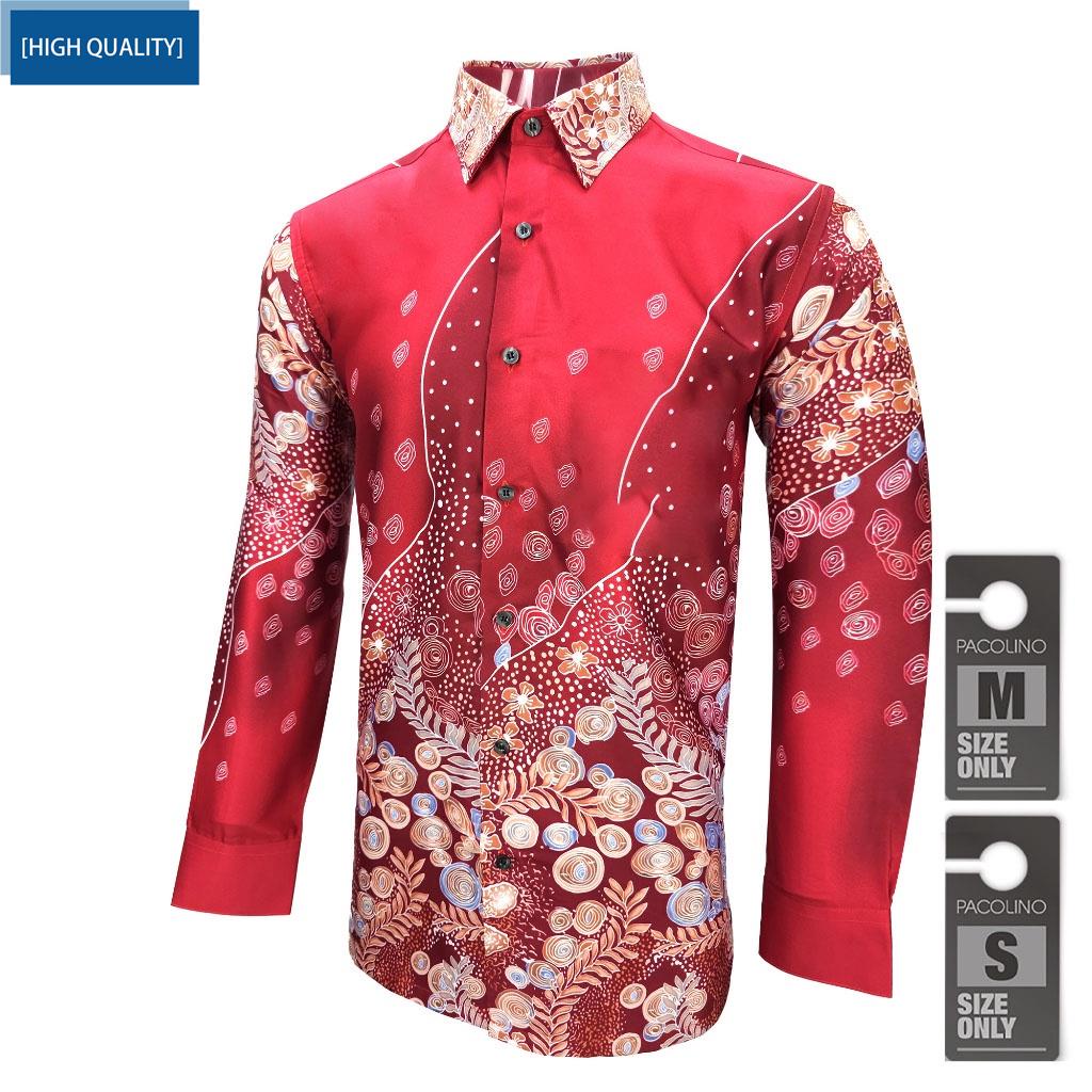 (Regular) Red Color Malaysia Men Batik Long Sleeve Kemeja Batik Lelaki ...
