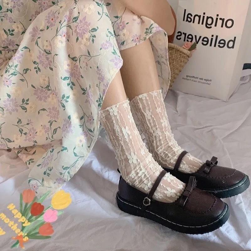 (Y2K)White Lace Socks Hollow Out Soft Cute Flower Japanese Socks ...