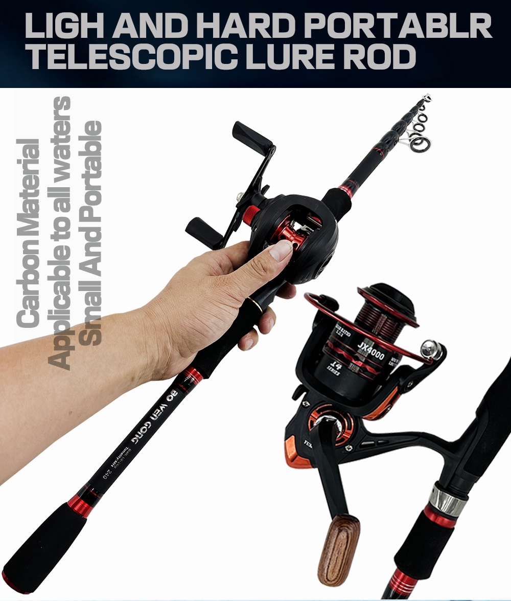 Telescopic Rod Reel Baitcaster Fishing Combo Medium Hard Action 1.8m~2 ...