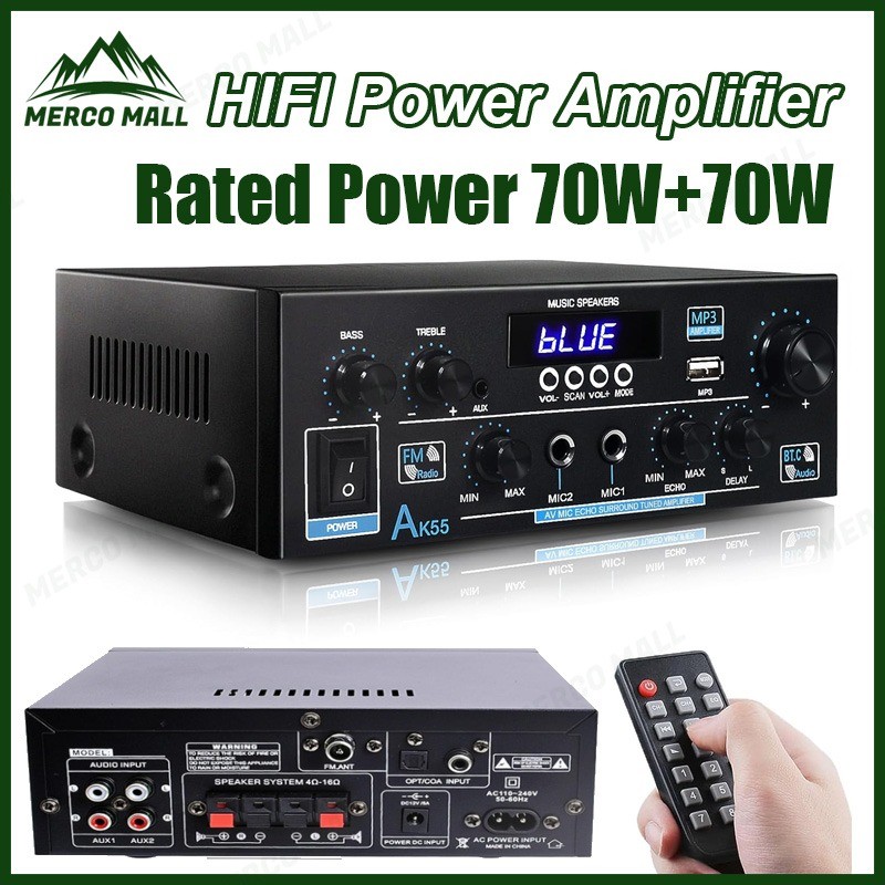 AK55 HiFi Amplifier with Bluetooth 5.0, 70W X2 Mini HiFi Stereo ...