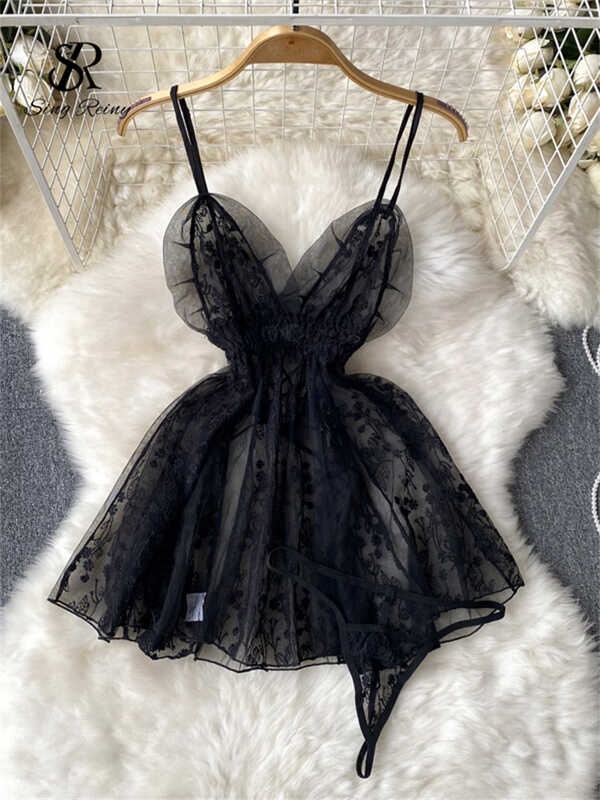Singreiny Ladies Sensual Camis Night Dress Fashion Mesh Embroidery Sexy