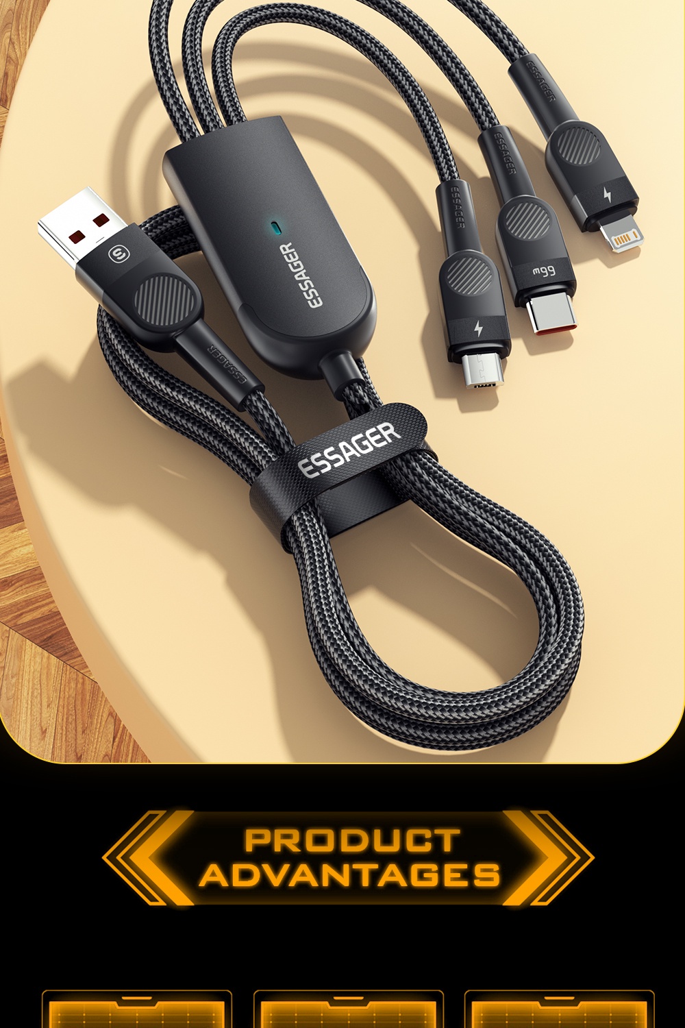 Essager 3 in 1 66W USB Cable For Mobile Phone Micro Type C Charger For ...