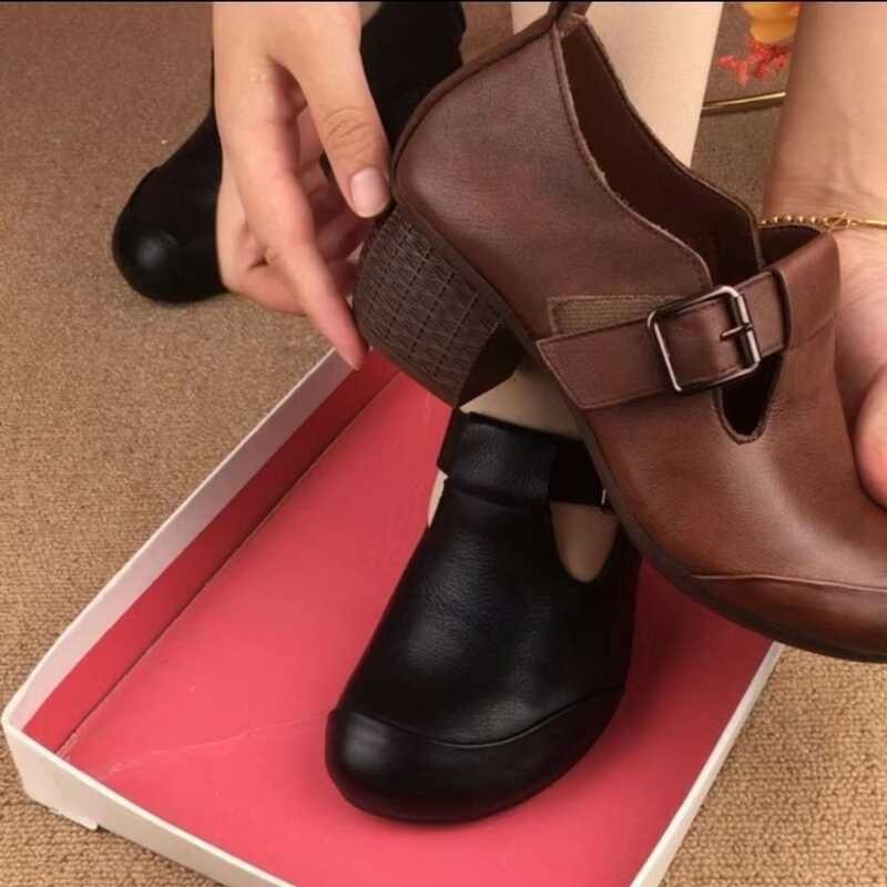 LY Gibi High Genuine Soft Leather Casual Thick Heel Shoes Women's Mid Heel Comfortable Non Slip ...