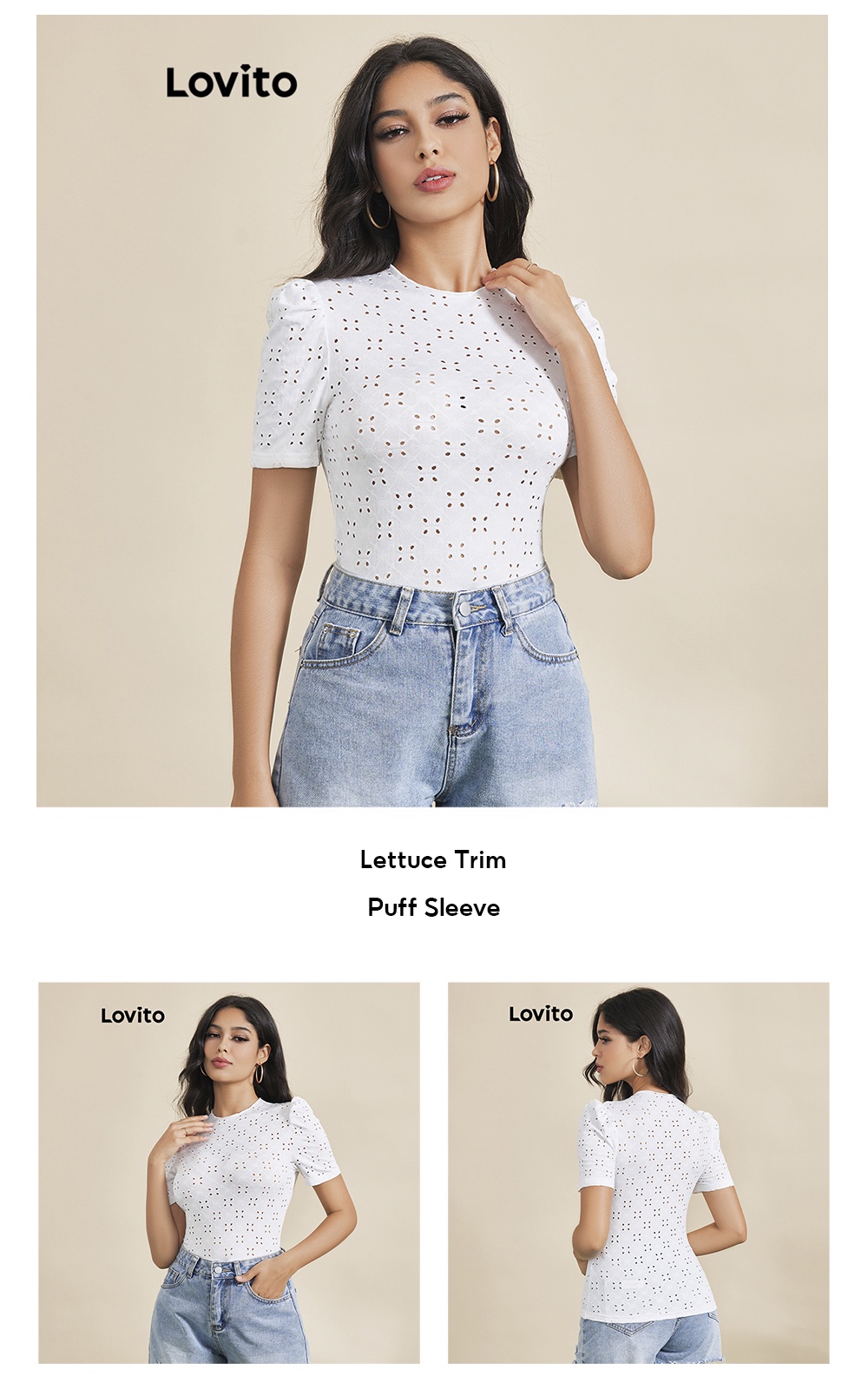 Lovito Women Lettuce Trim Puff Sleeve T-Shirt LBE03064 | Shopee Philippines