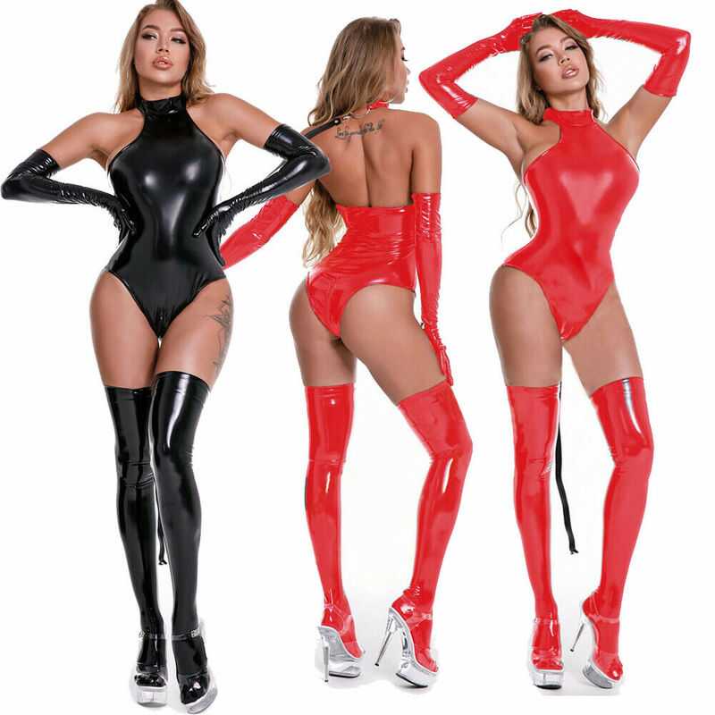 Sexy Lady Faux Leather Latex Catsuits With Belt High Cut Wetlook Pu