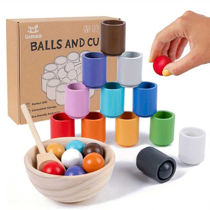 Baby Montessori Wooden Sorter Game Toy Rainbow Ball And Cups Color ...