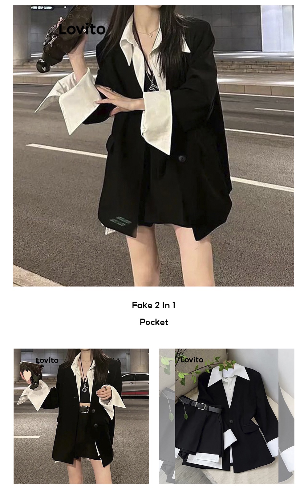 Lovito Women Formal Work Cloak Patchwork Fake 2-In-1 Pocket Button ...