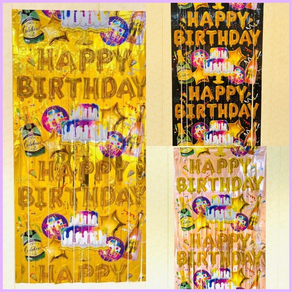 § Happy Birthday design Square Grid Metallic Foil Curtain Rain Silk ...