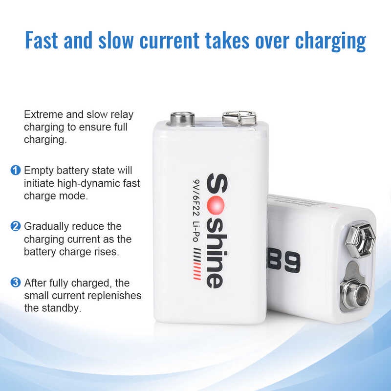 Soshine 4PC 9V 680mAh Lithium Rechargeable Battery 6F22 9 Volt Li-Po ...