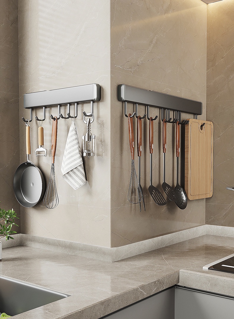 Wall Mounted Kitchen Hook Rack No-Punching Wall Hangers Rail Kitchen ...