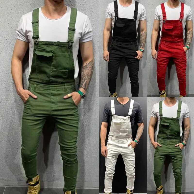 E2 Summer New Men's Distressed Denim Carpenter Overalls Bib Jumpsuits ...