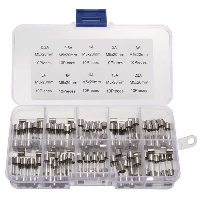 100PCS 5X20MM glass fuse box with 10 different resistance values and 10 ...
