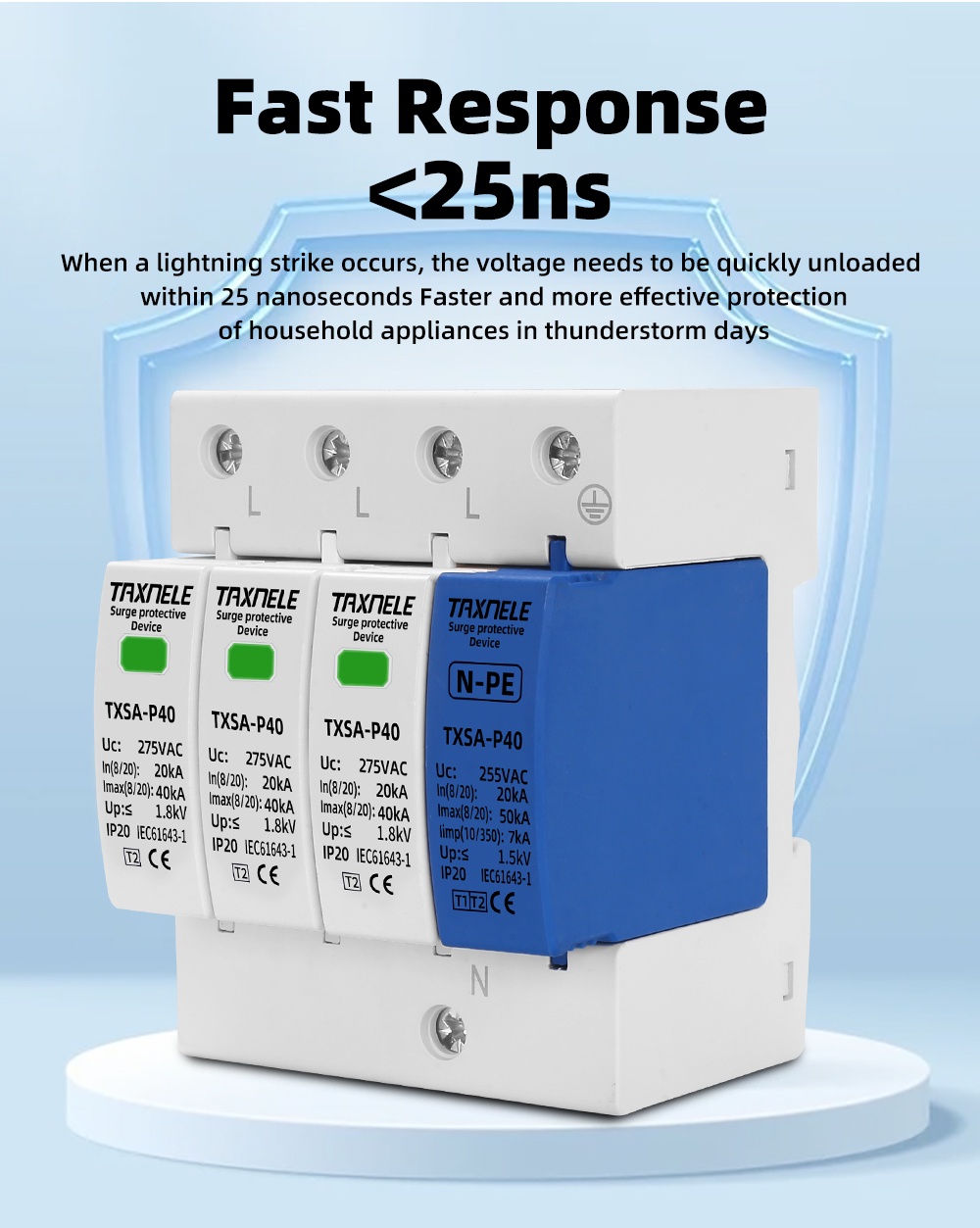 AC SPD Din rail 1P+NPE 3P+NPE 50KA T1 T2 385V 275V 255V House Surge Protector Protective Low ...