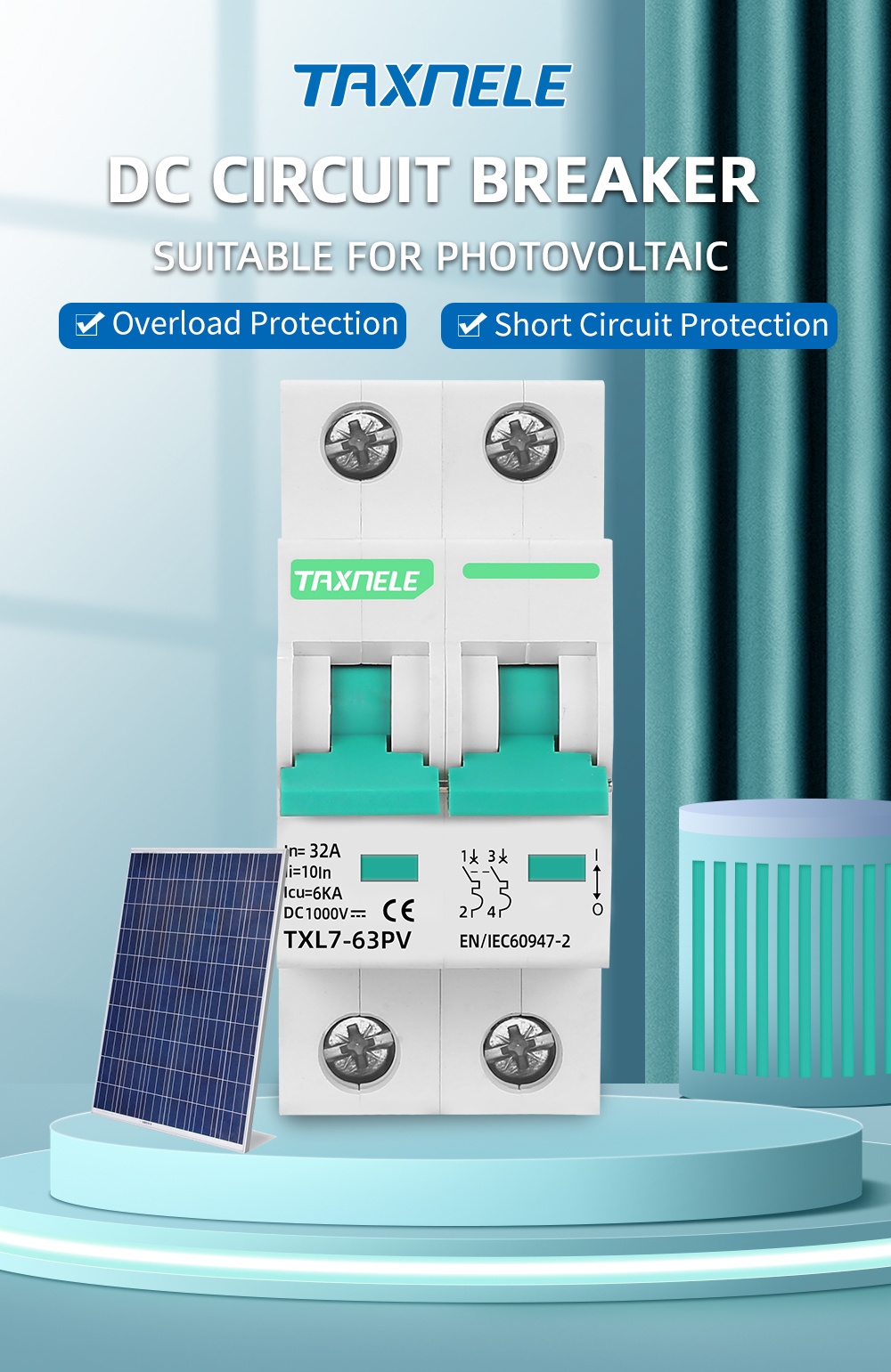DC MCB Solar Mini Circuit Breaker L7 2P 1000VDC Short Circuit Protection 10A 16A 20A 25A 32A 63A ...