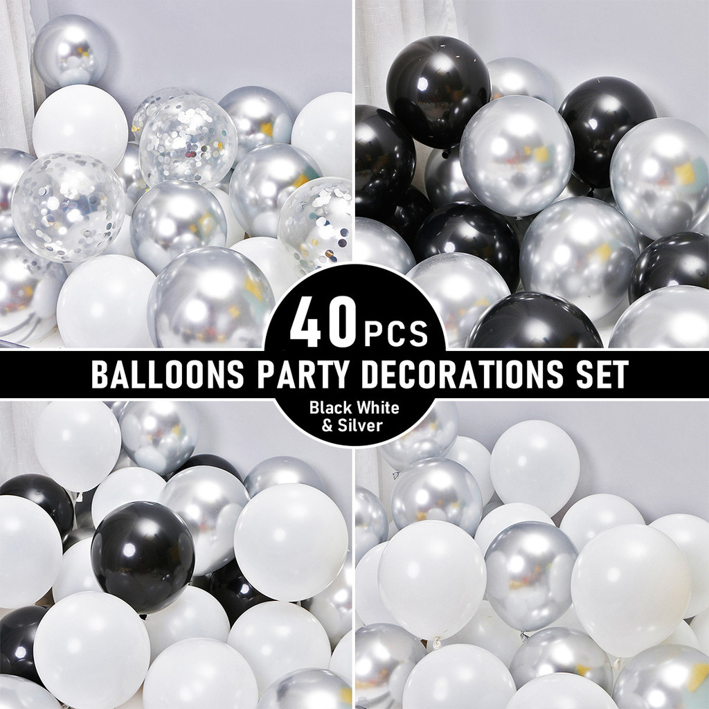 40Pcs Black White Silver Balloon Set 12" Matte Latex Helium Balloons ...