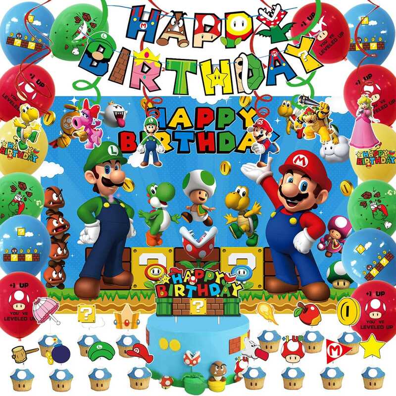 Backdrop Banner Cake Topper Balloons Mario Bros Birthday Party Supplies ...