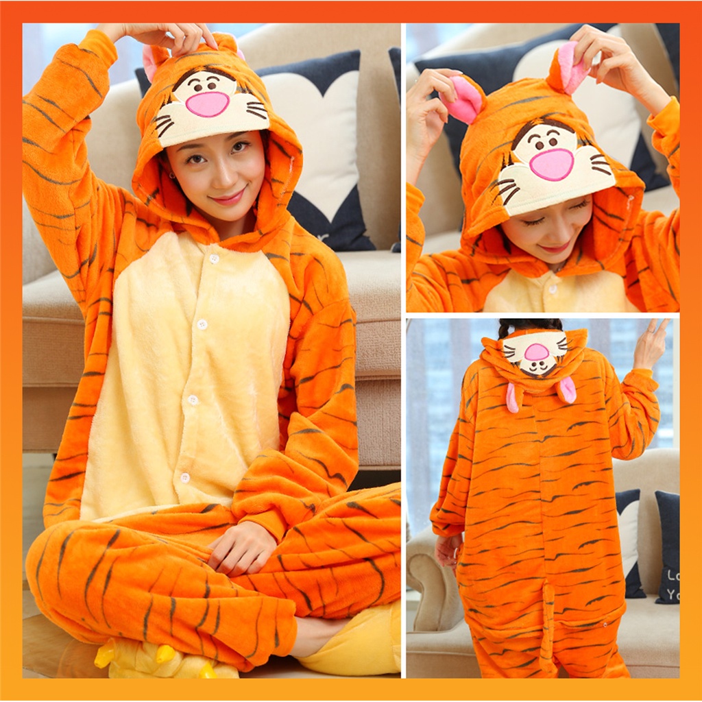 Adults Cute Cartoon Tiger Pyjamas Women Men Flannel Long Sleeve Cute ...