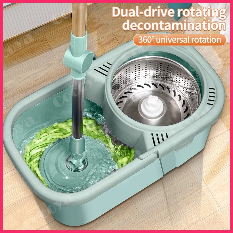 ☀ ﹊ Cocoya Mop With Spinner Metal rod bucket with drain cap Dual Drive ...
