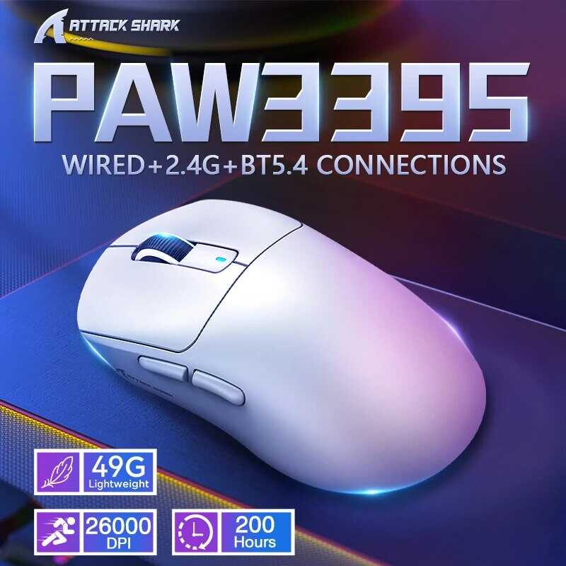 Pixart 3395 Gaming Mouse X3 Attack Shark Lightweight Mouse 49G Wireless WIFI 2.4G Bluetooth ...