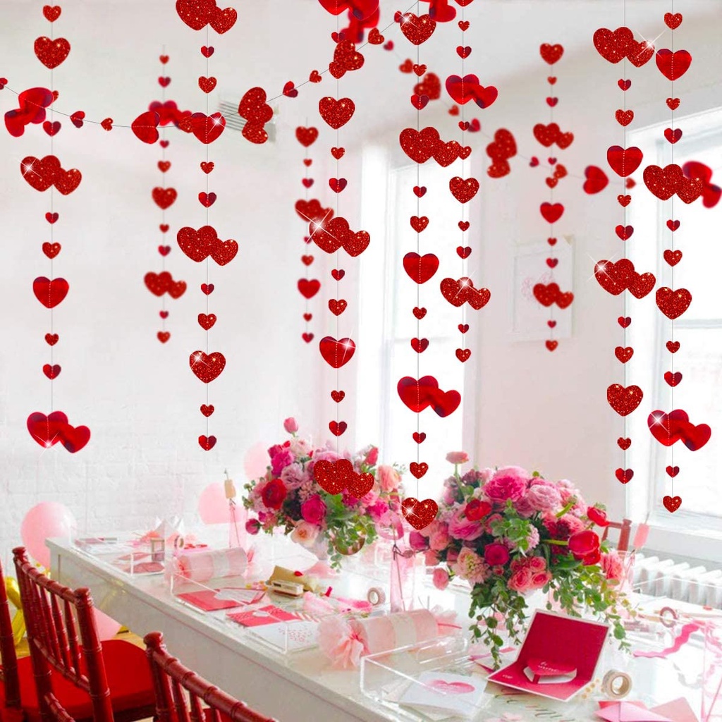 Red Heart Garland Metallic Glitter Hanging Heart Streamer Banner for ...