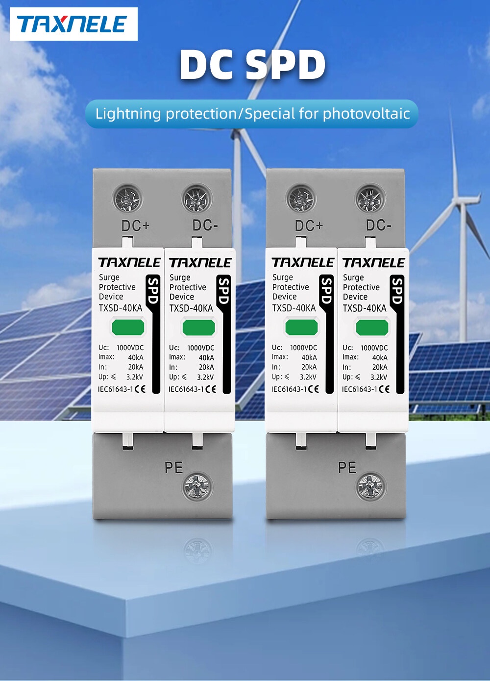 DC SPD Surge Protector 600V 800V 1000V 2P 40KA 60KA Voltage Protector ...