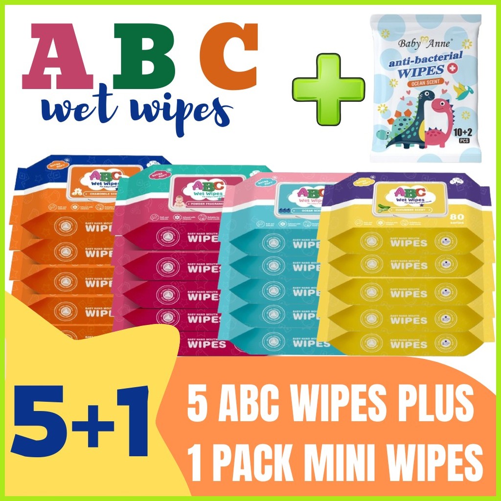 5 PACKS ABC WIPES + 1 PACK MINI OCEAN WIPES (POWDER, CUCUMBER ...