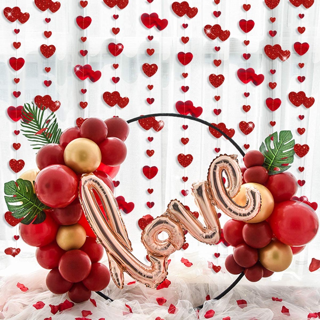 Red Heart Garland Metallic Glitter Hanging Heart Streamer Banner for ...